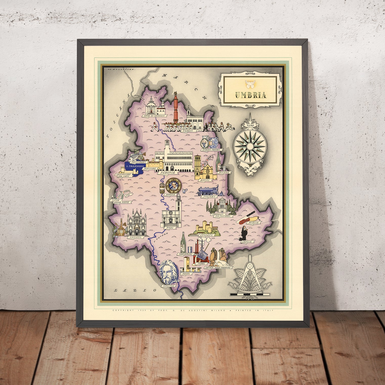 Old Pictorial Map of Umbria, 1938: Perugia, Assisi, Spoleto, Monti Sib ...