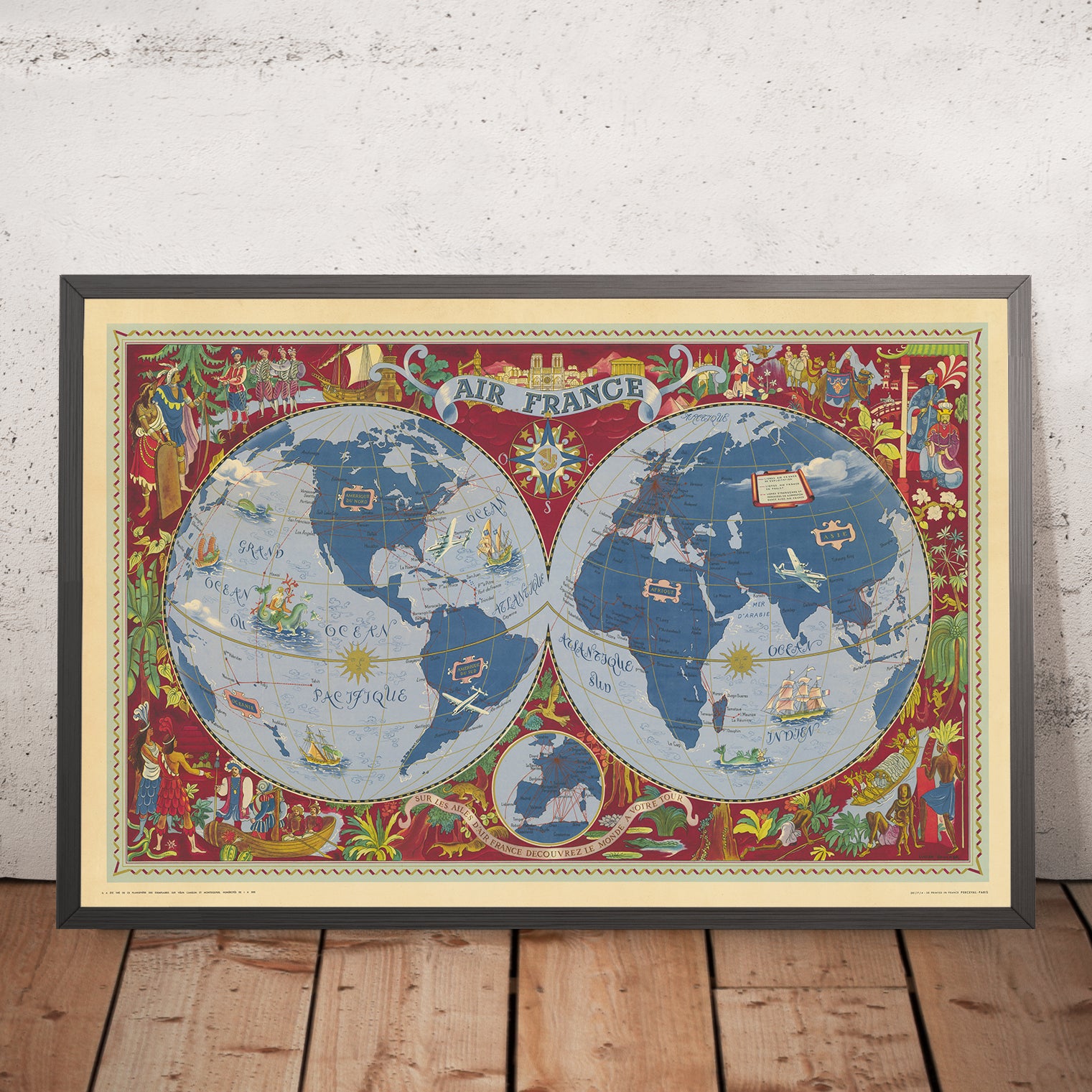 Old Surrealist World Map by Boucher, 1950: Air France Air Routes, Cult ...