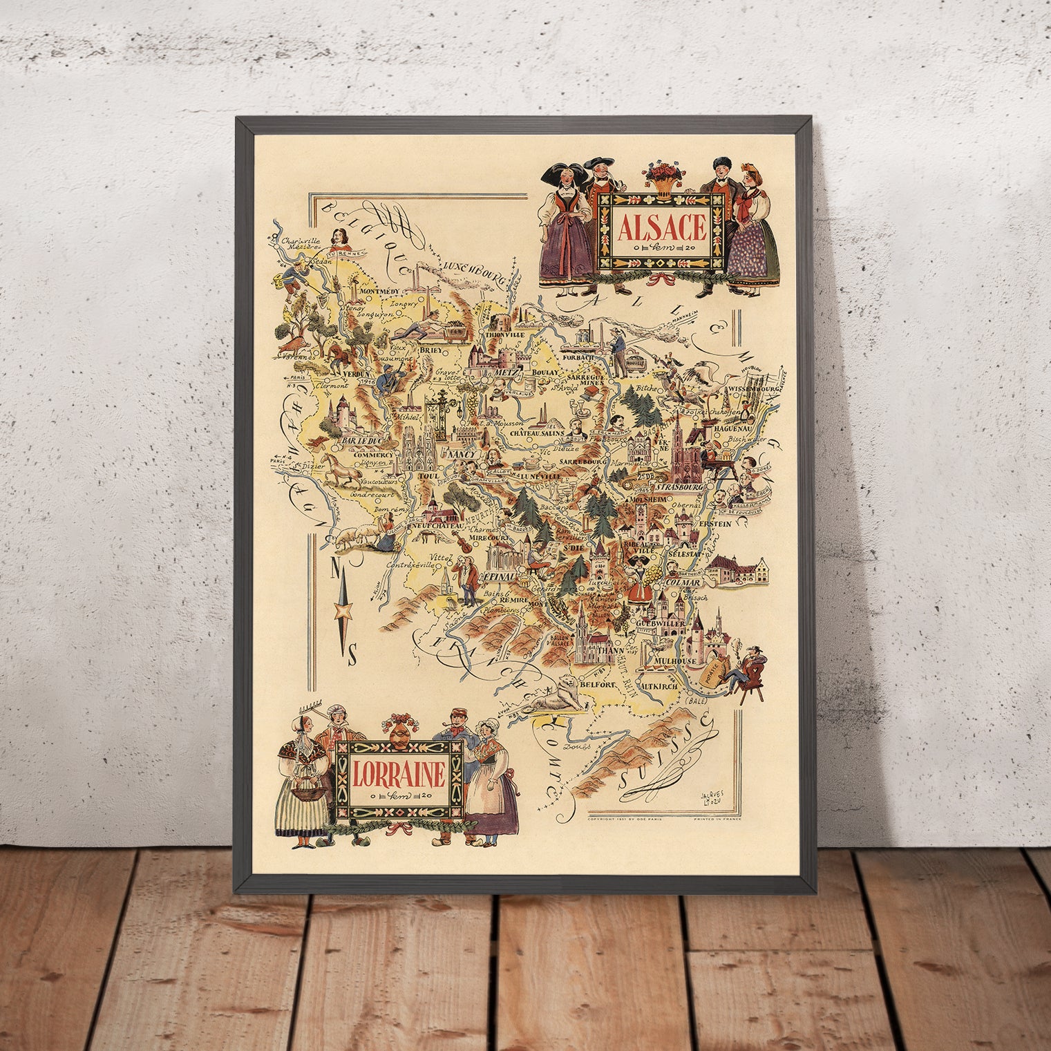 Old Pictorial Map of Alsace–Lorraine by Liozu, 1951: Strasbourg, Metz ...