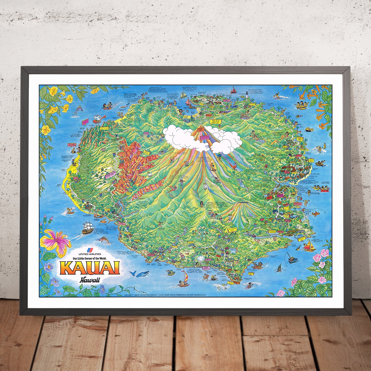 Old Pictorial Map of Kauai by Olson, 1980: Lihue, Waimea Canyon, Na Pa ...
