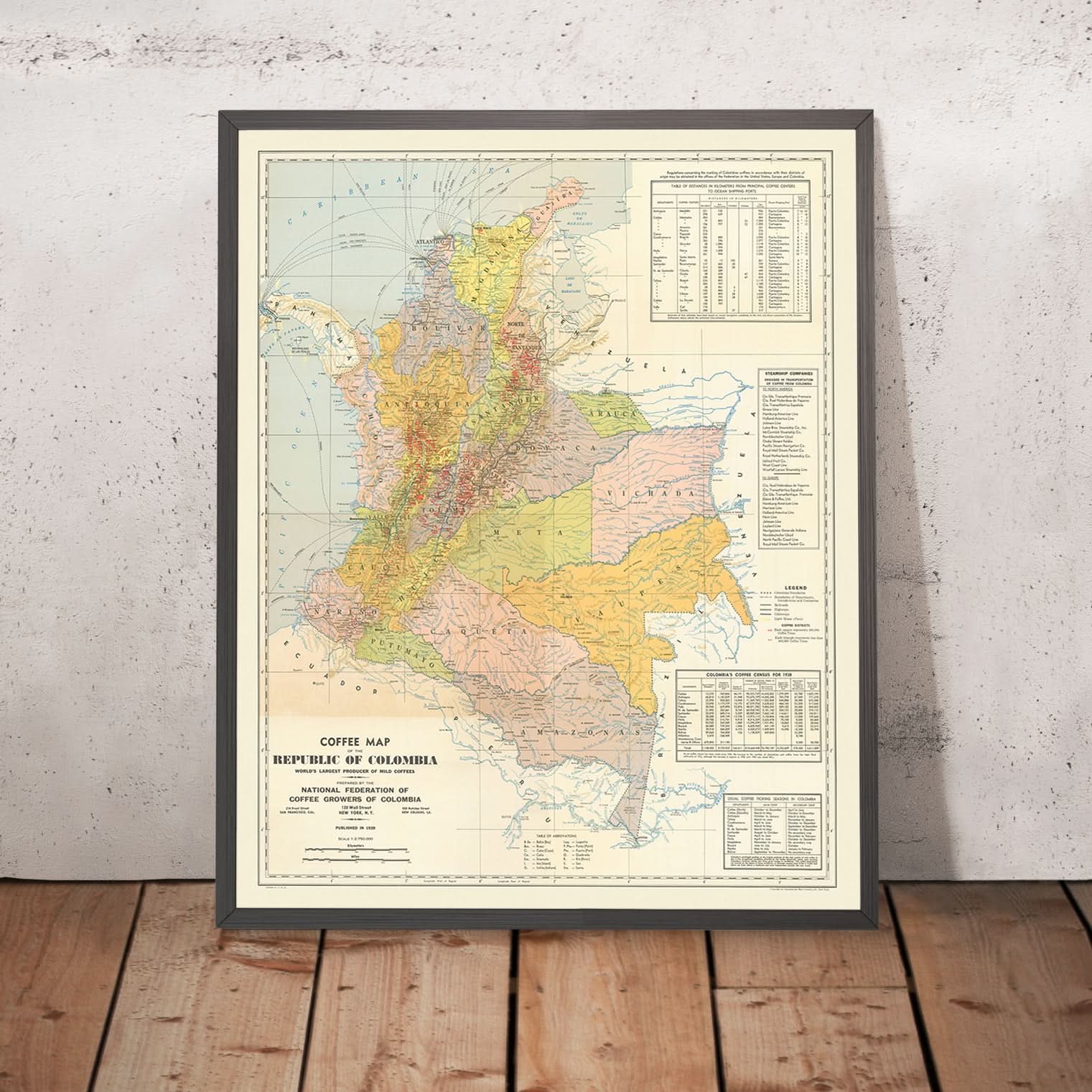 Old Map of Colombia, 1939: Coffee Regions, Andes, Bogotá, Medellín, Ra ...