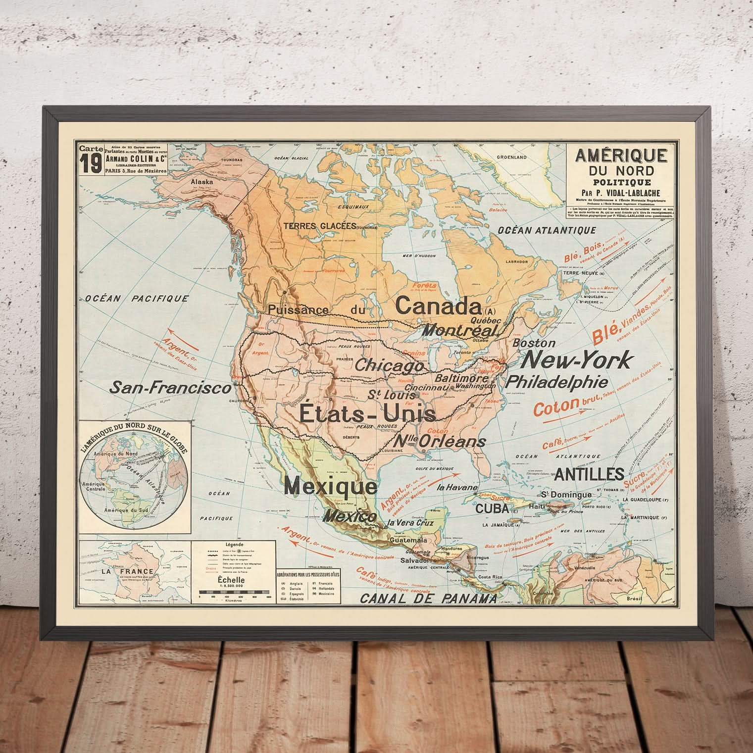 Old Wall Map of North America by Vidal Lablache, 1921: Educational Des ...