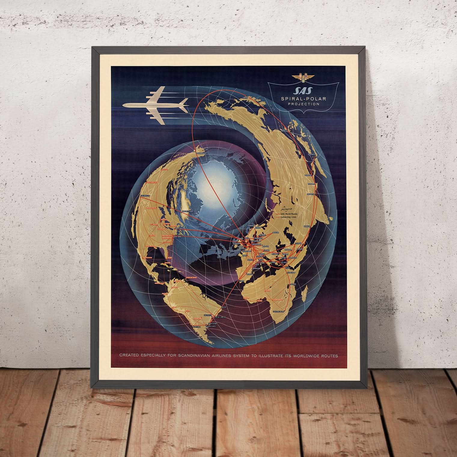 Old Airline Polar Projection World Map by SAS, 1960: Spiral Design, Gl ...