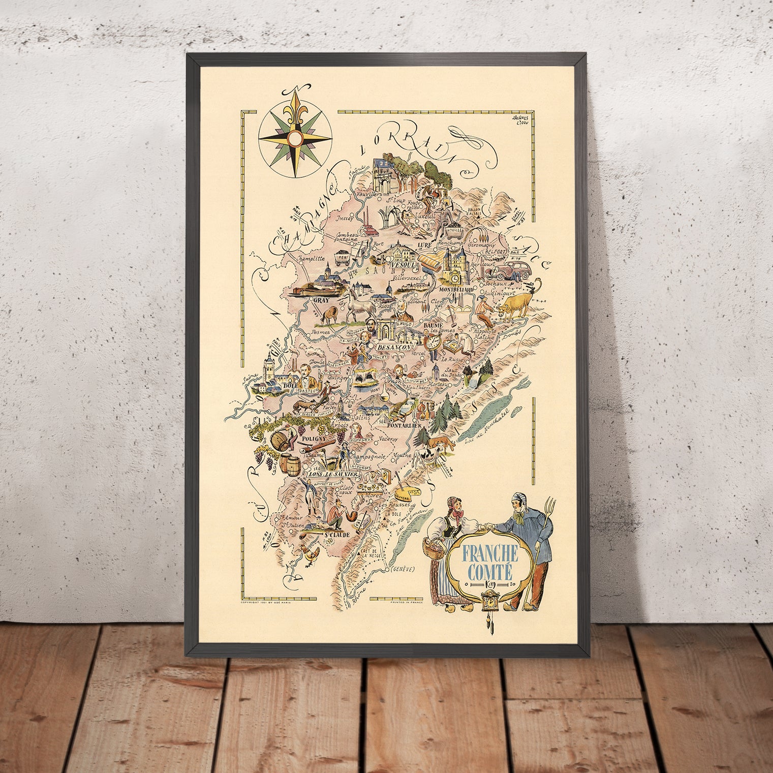 Old Pictorial Map of Franche-Comté by Liozu, 1951: Besançon, Belfort ...