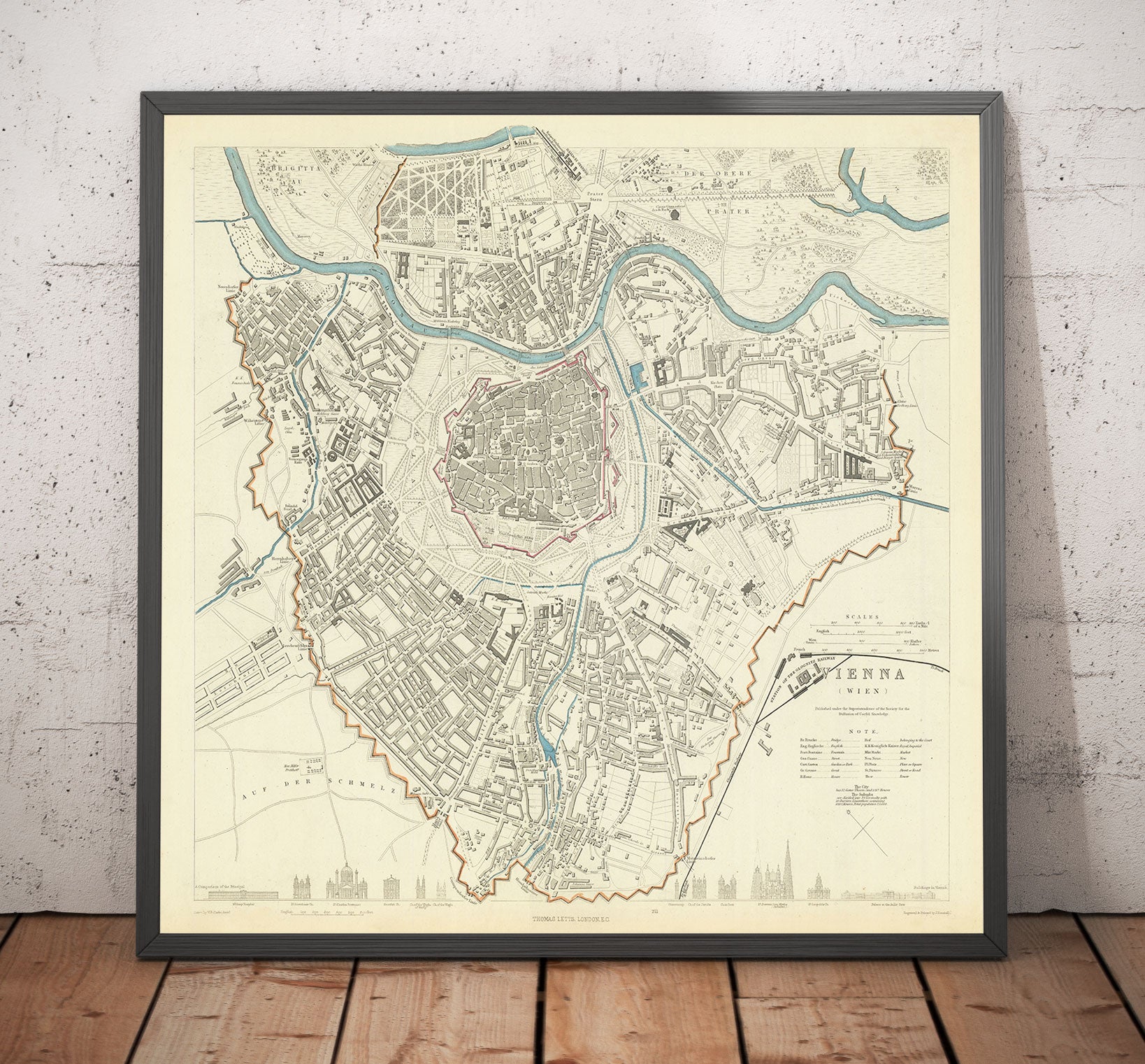 Ancienne carte de Vienne par SDUK en 1887 - Danube, Alte Donau, Graben ...